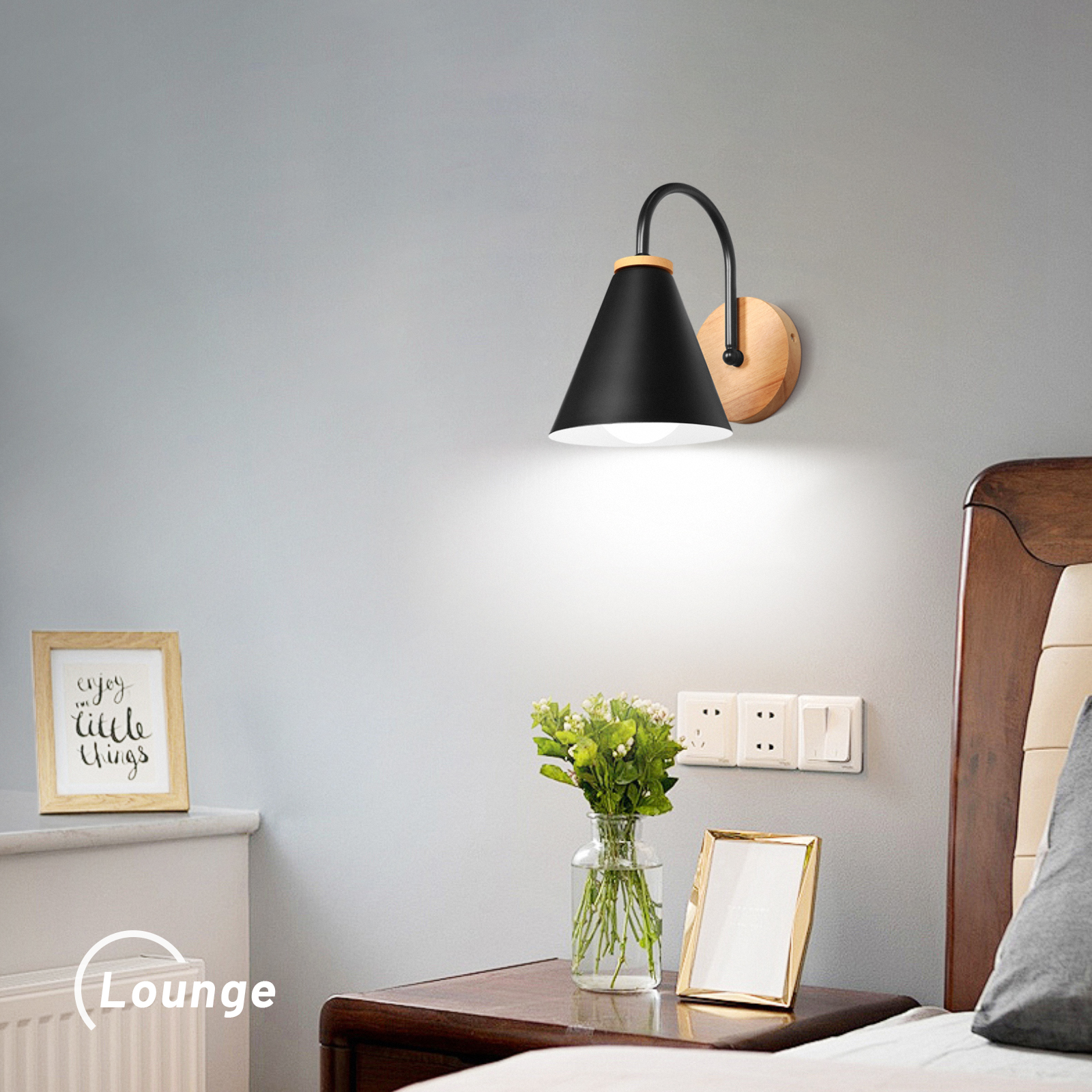 Modern Wooden Wall Light (Black) Retro Wall Sconce Minimalist Nordic ...