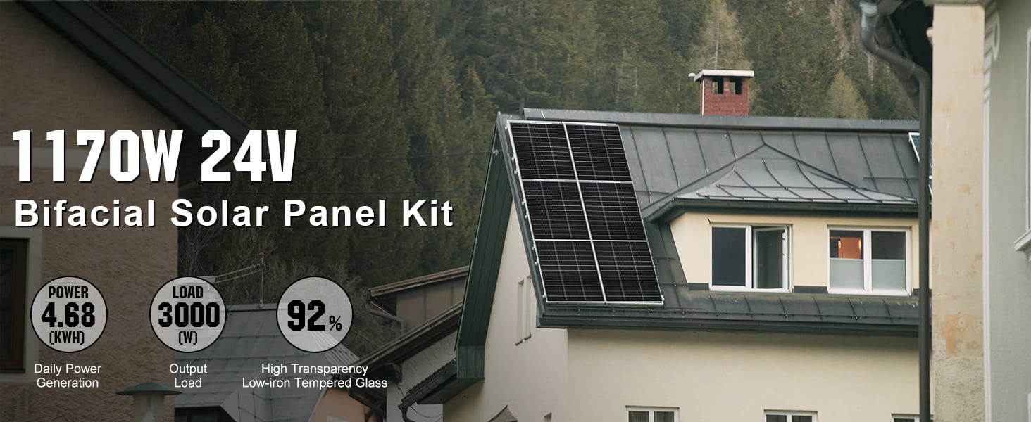 ECO-WORTHY 1170W Solar Panel Kit with 6pcs Bifacial Solar Panels and 3000W 24V Hybrid All-in one ...