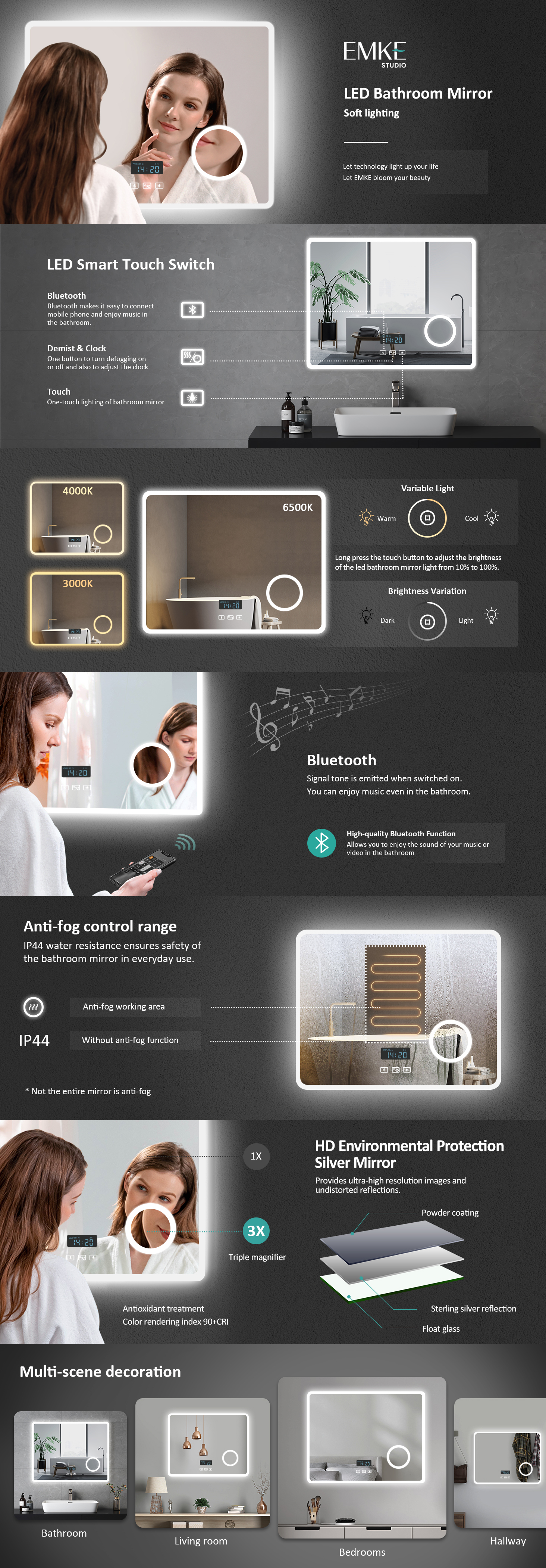EMKE LED Illuminated Bathroom Mirror with Bluetooth，Demister and ...