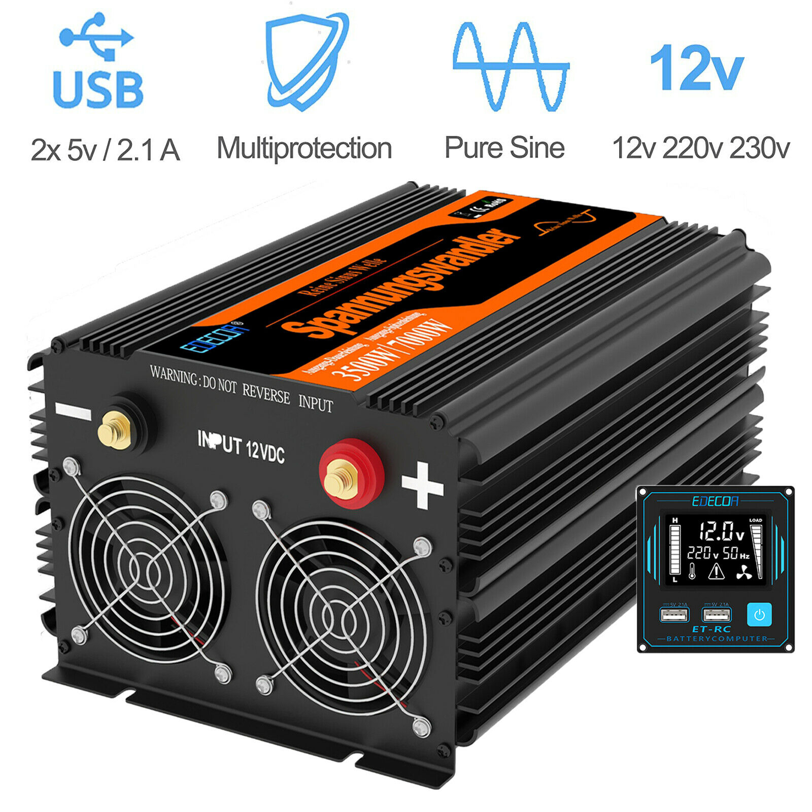 EDECOA convertisseur 12v 220v convertisseur Pur Sinus 3500w Onde sinusoïdale Pure Power Inverter ...