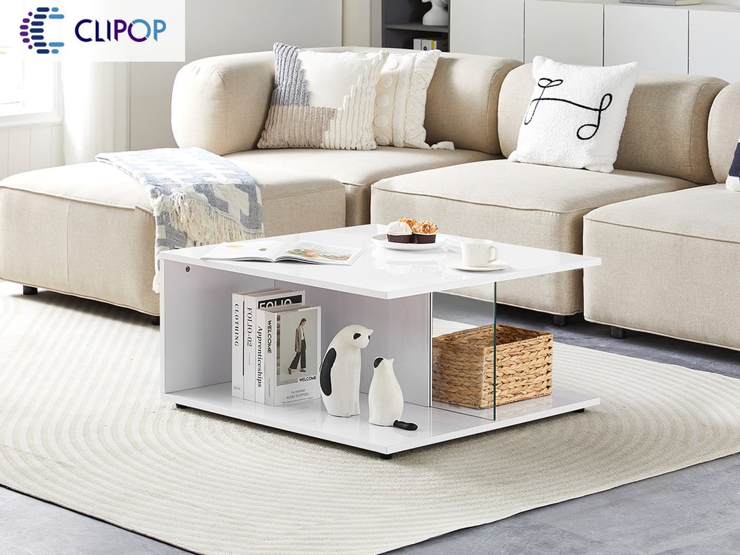 High Gloss Coffee Table with 2 Glass Open Shelves Wooden Centre Sofa Side Tea Table for Living Room Lounge Space square white