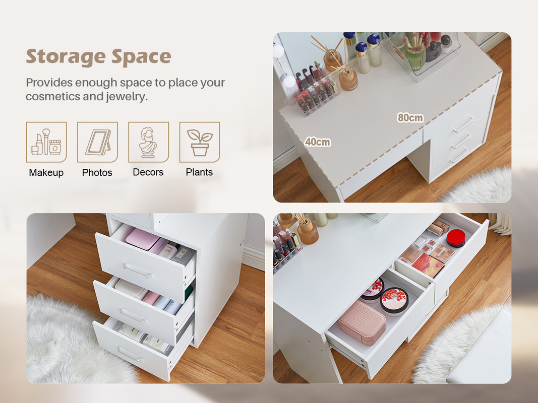 Dressing Table Set with LED Lights, Adjustable Brightness, 5 Drawers ...