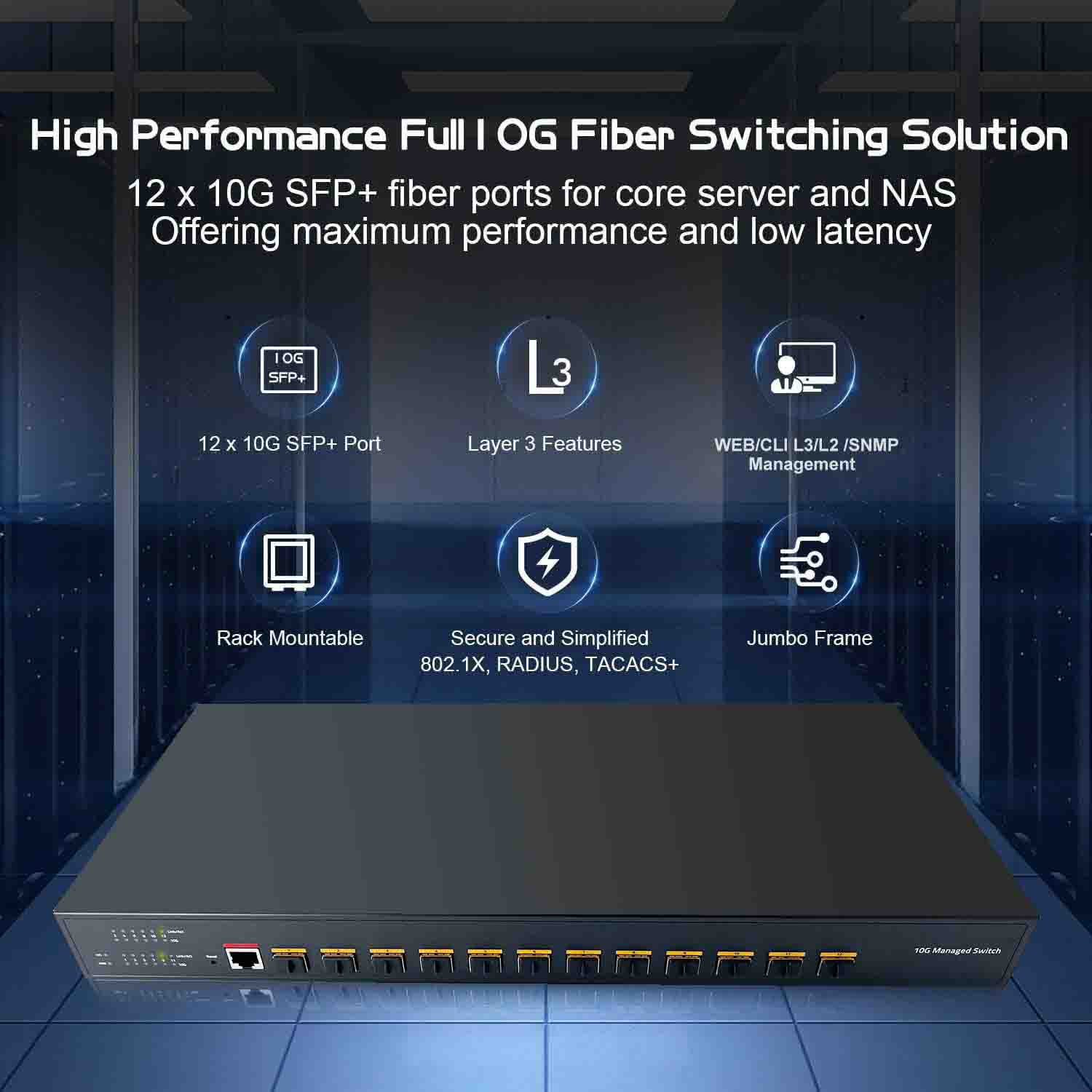 Elfcam - Switch Fibre Optique Géré 10G 12 Ports SFP+ 10G, L3 Web/CLI ...