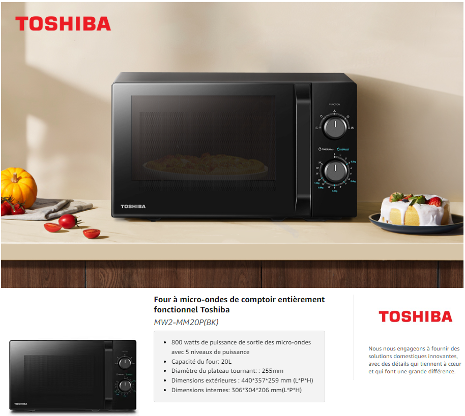 Micro-ondes pose libre TOSHIBA MW2-MM20P(BK) - 20L - 800 W - Noir