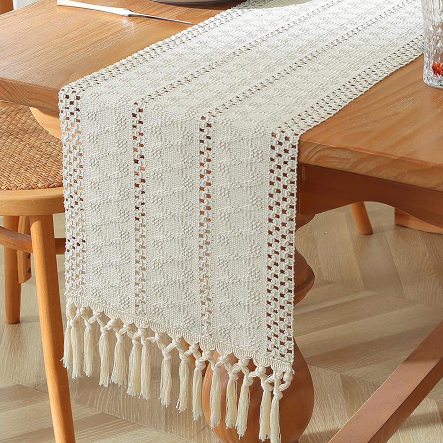 Runner da tavolo Boho Beige con nappe, runner da tavolo in misto cotone ...