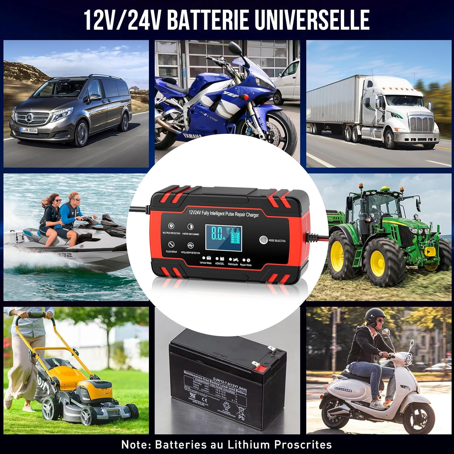 Chargeur Batterie Voitures 12V/24V 8A, Chargeur de Batterie Intelligent Moto avec Fonction ...