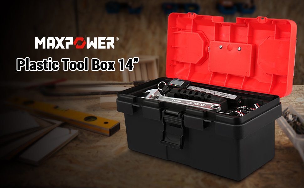 MAXPOWER Toolbox, Plastic Tool Box Tool Chest Storage Case Organizer with Removable Tray and ...