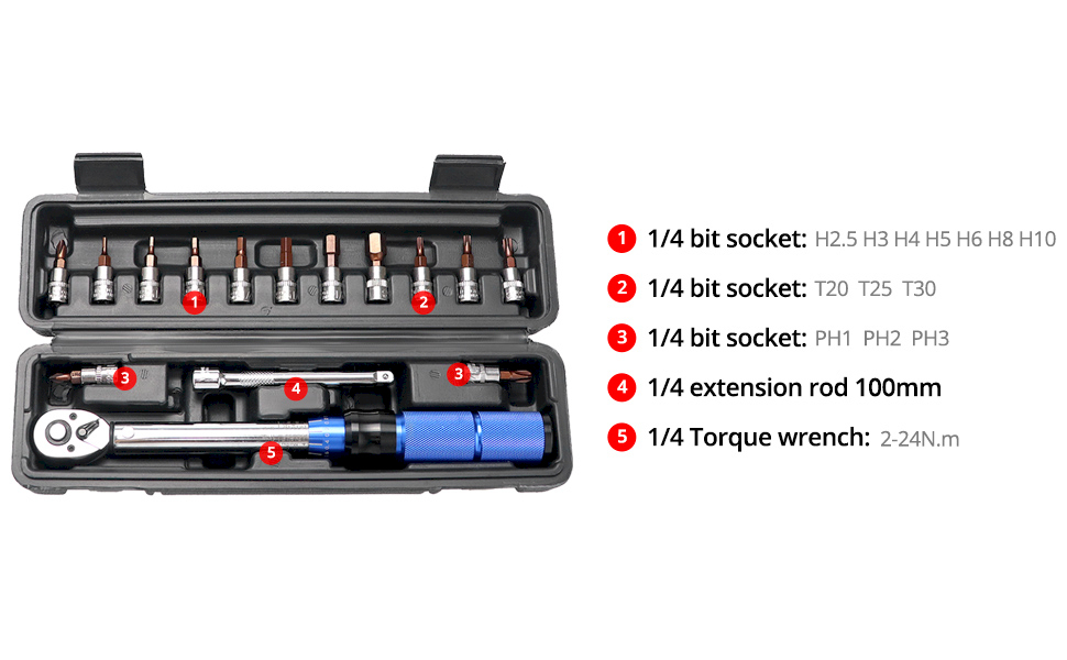 1/4 Inch Drive Torque Wrench,Bike Torque Wrench Set 2-24 Nm,15pcs Click Motorcycle Torque Wrench ...