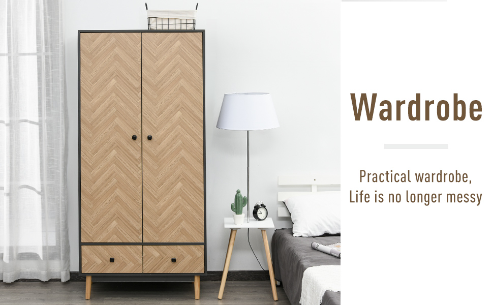 HOMCOM Modern Wardrobe Cabinet with Shelf, Hanging Rod and 2 Drawers ...