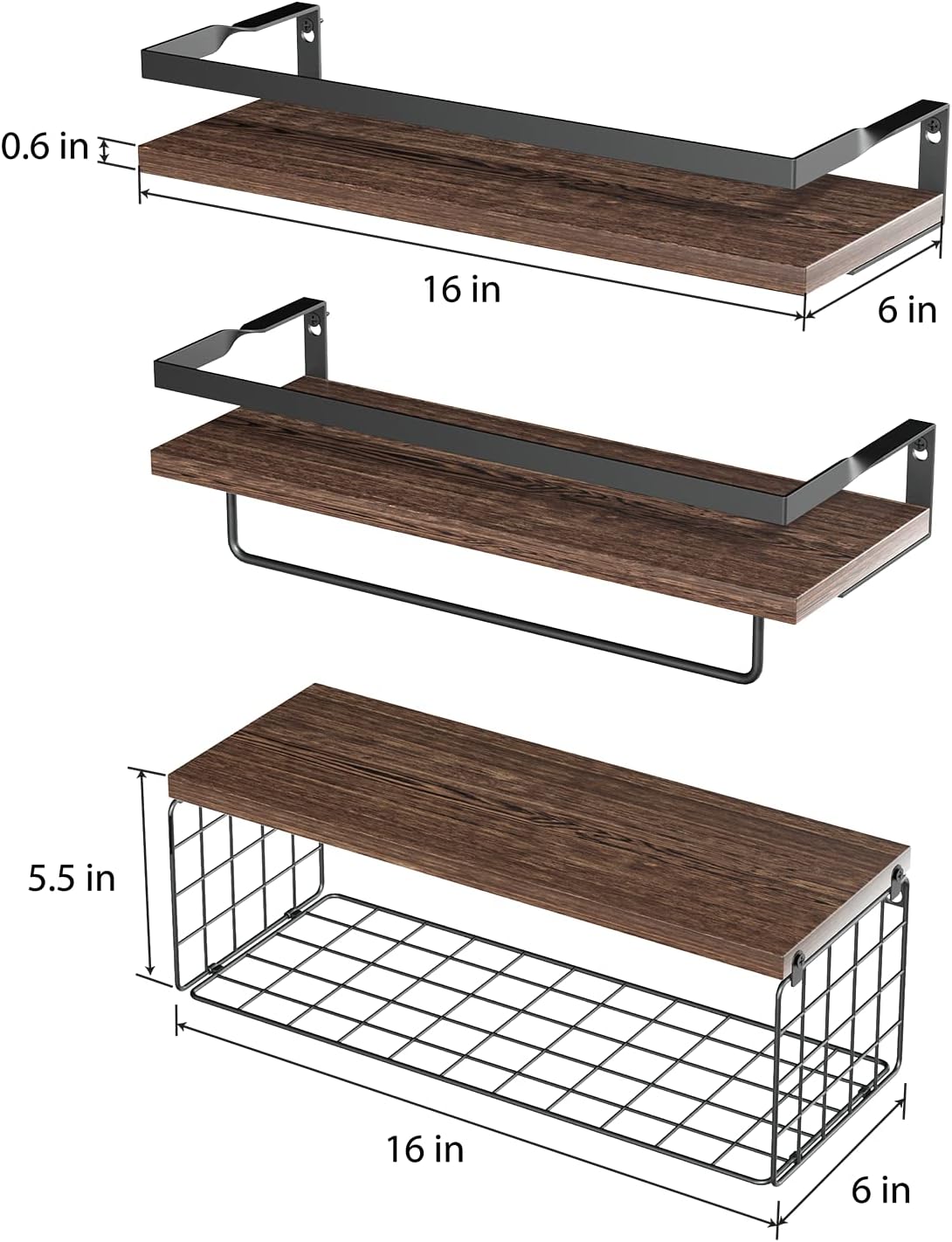 Set of 3 Floating Shelves with Storage Basket, Rustic Wood Wall Shelves ...