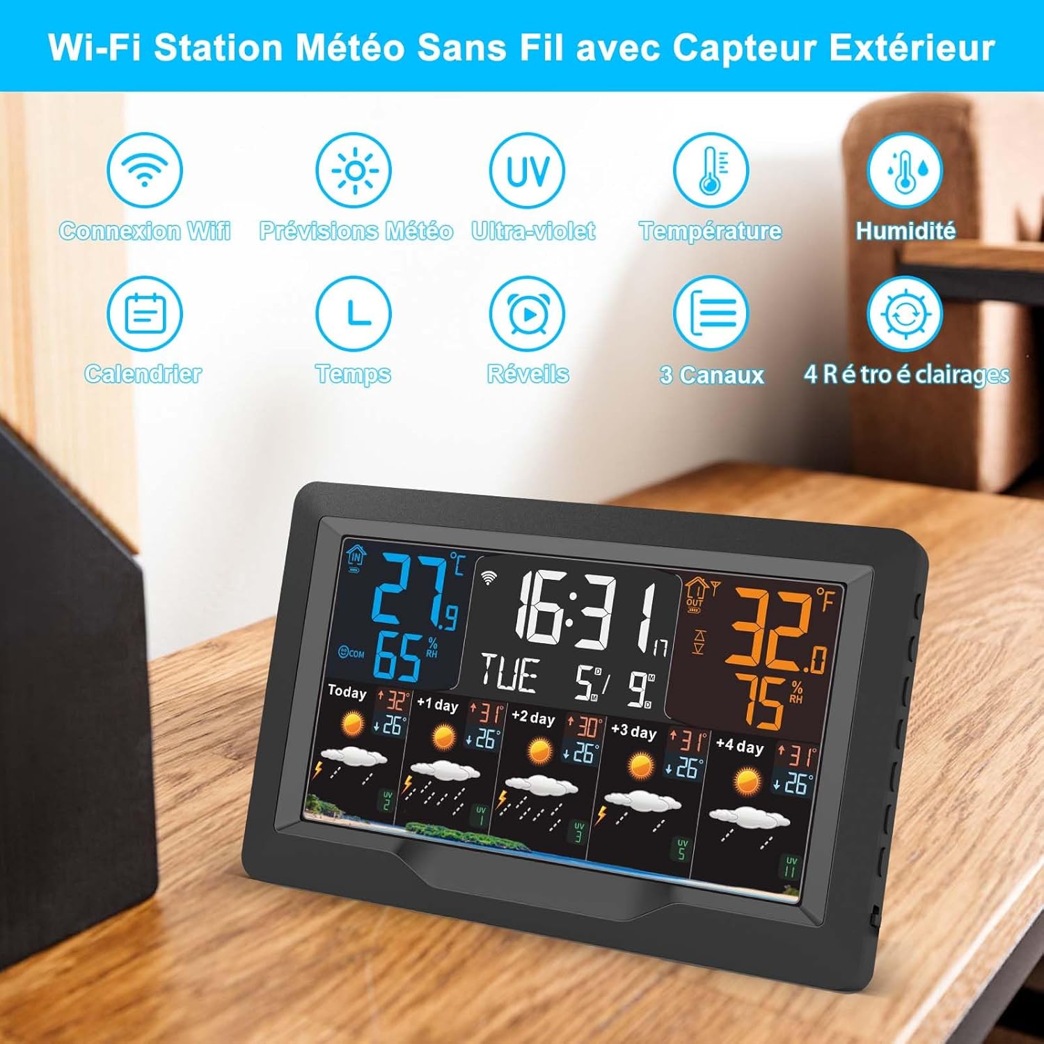 Station Météo Sans Fil avec 1 Capteurs Intérieur Extérieur,Écran LCD ...