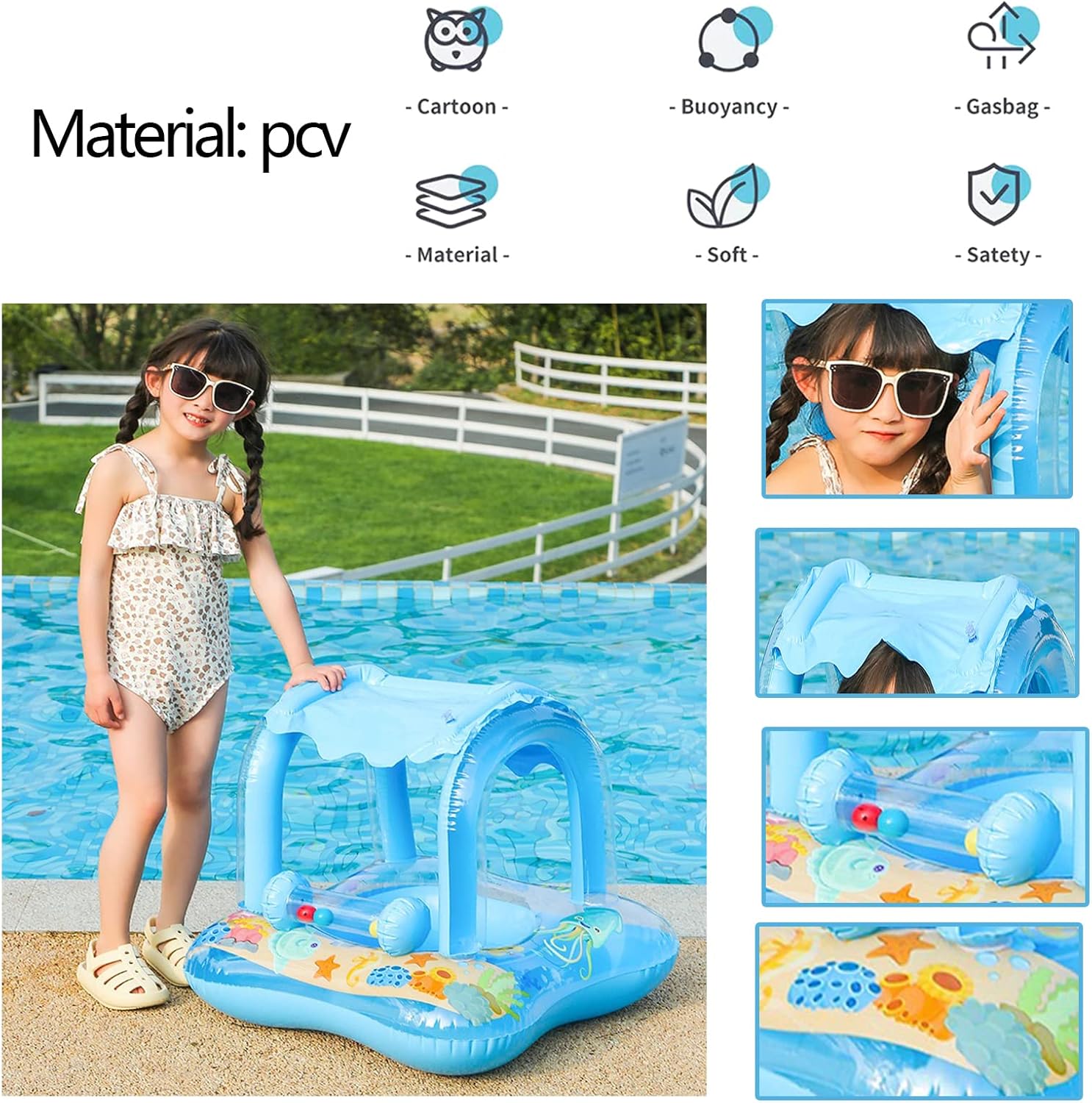 Baby Kid Summer Inflatable Pool Seat Boat Type Cartoon Bell with Sun ...