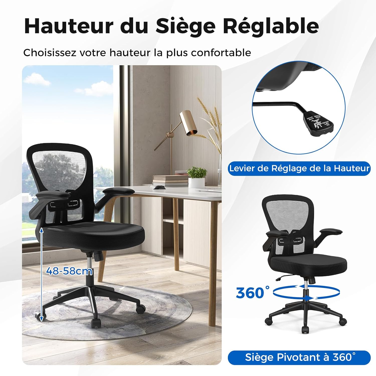 COSTWAY Chaise de Bureau Ergonomique, Chaise Pivotante avec Accoudoirs ...