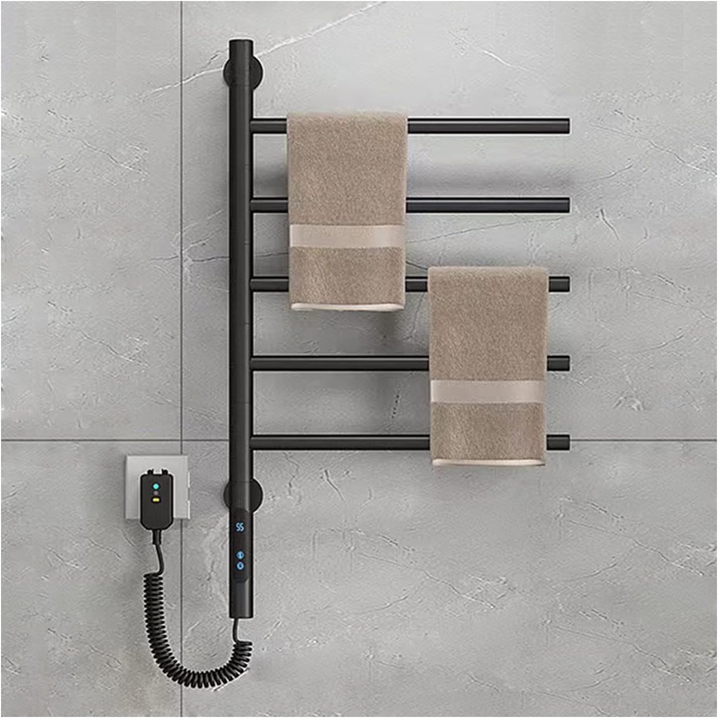 Electric Heated Towel Rack Swivel Towel Warmer Wall Mounted Drying Rack 5 Piece Stainless Steel Towel Warmer with Built in Timer 1 Hour to 8 Hours 82 Watts Black