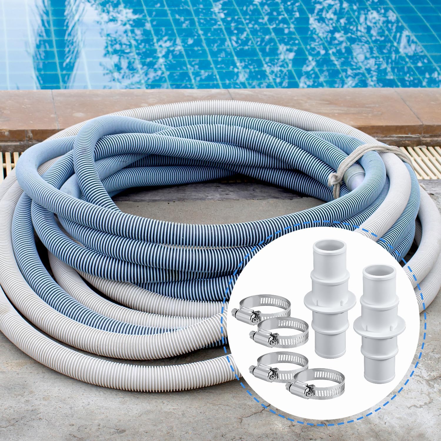 2pcs Pool Hose Connector, with 4 Stainless Steel Hose Clamps 32mm or ...