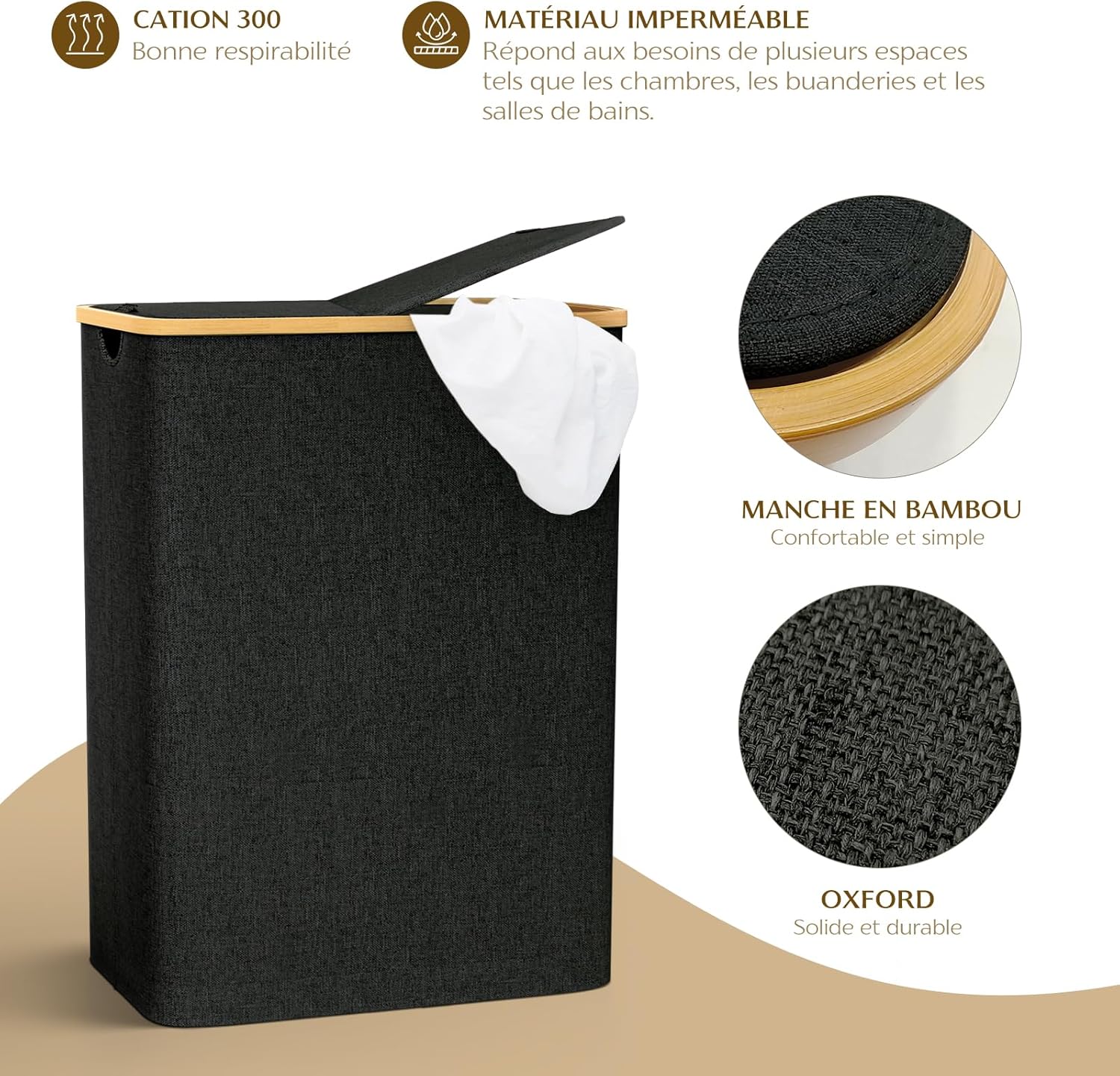 Foldable Laundry Basket, 140L 2 Compartments Laundry Bucket with Bamboo ...