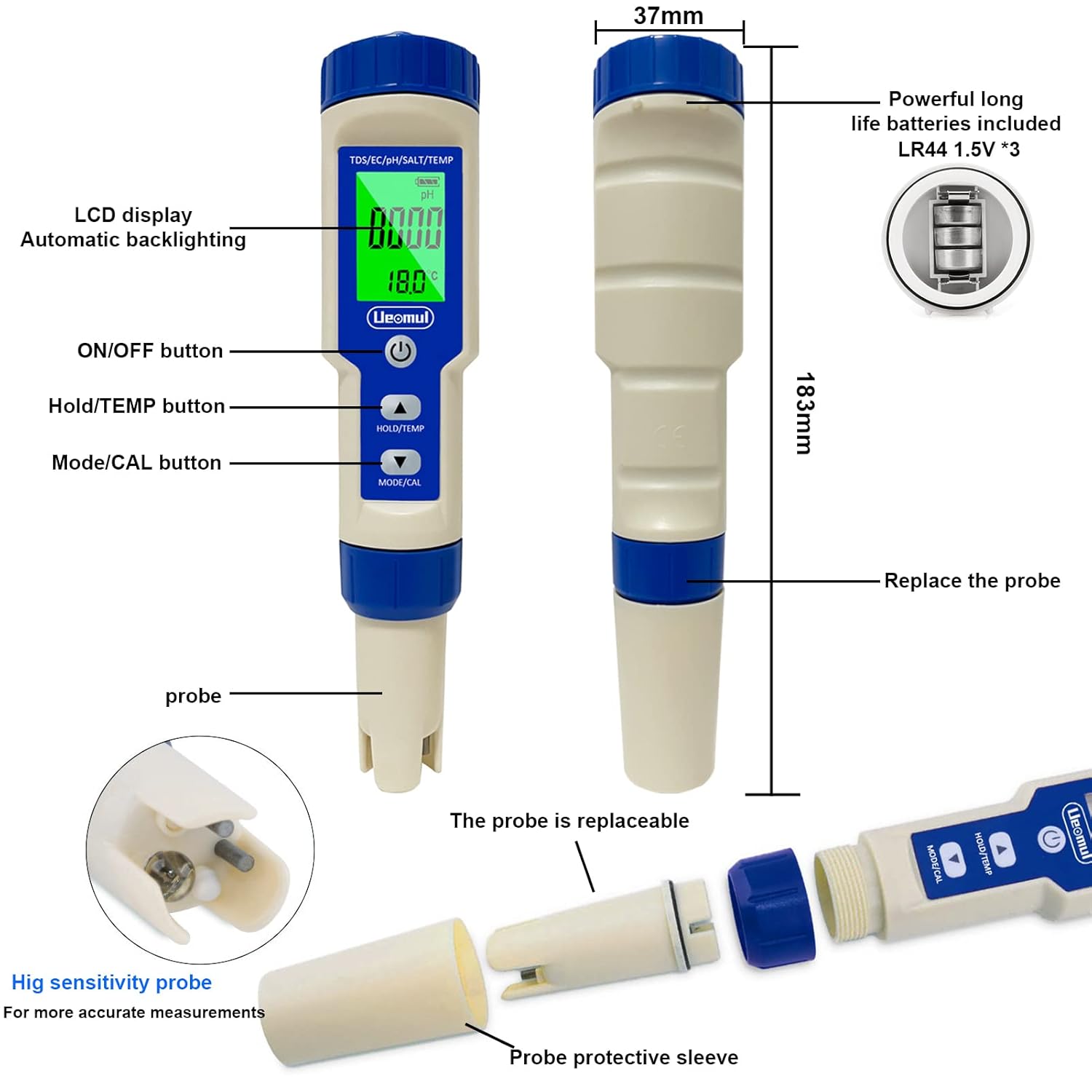 in 1 Electronic PH Meter with TDS EC Salinity Temperature, High ...