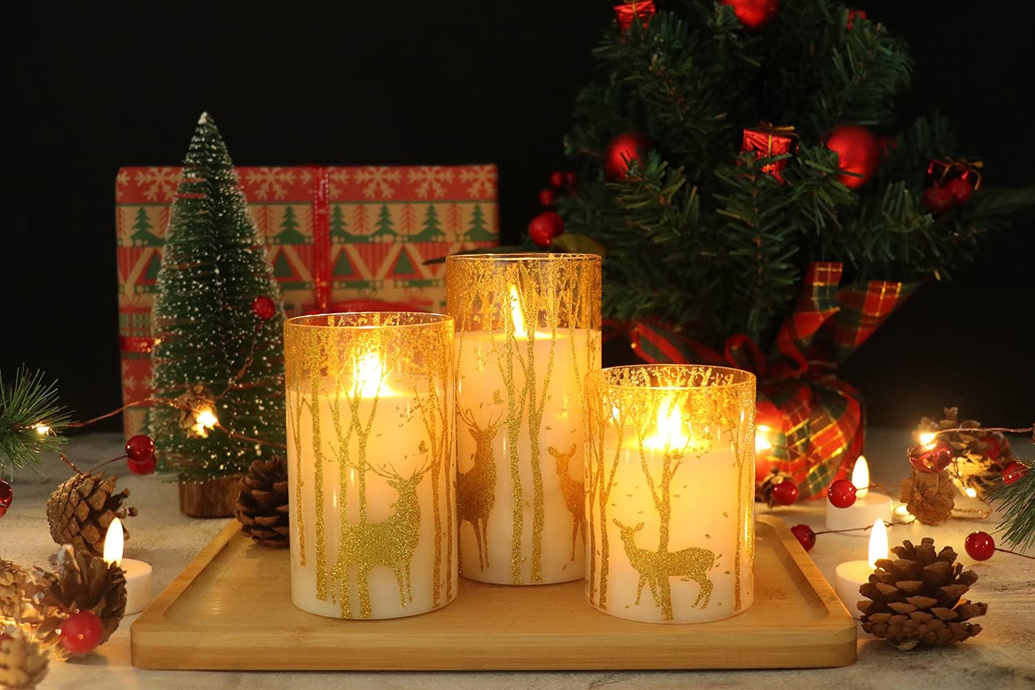 Velas de vidrio sin llama con temporizador remoto, pegatinas con diseño de reno y alce dorado ...