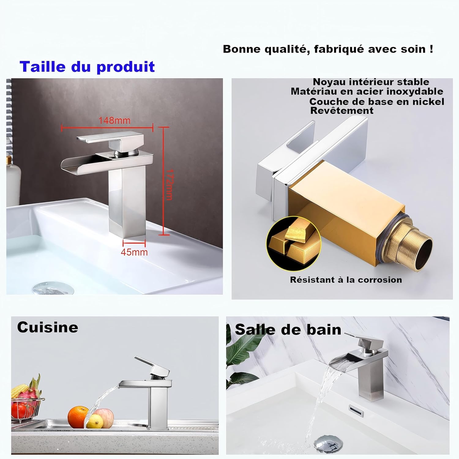 Robinet de salle de bain cascade en acier inoxydable, bec chaud et ...