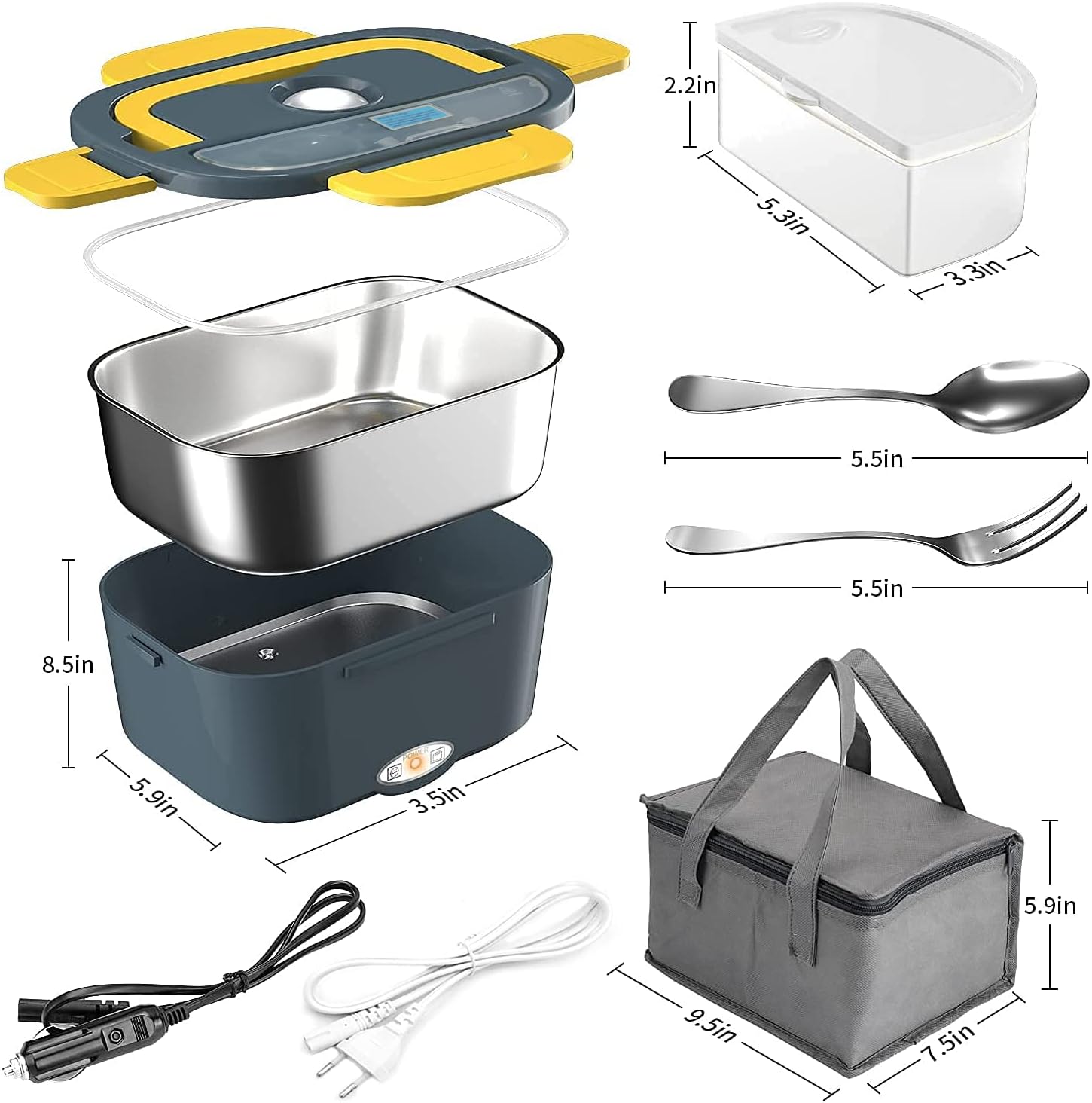 Electric Heated Lunch Box 1.5L Heated Food Container 3 in 1 Stainless ...