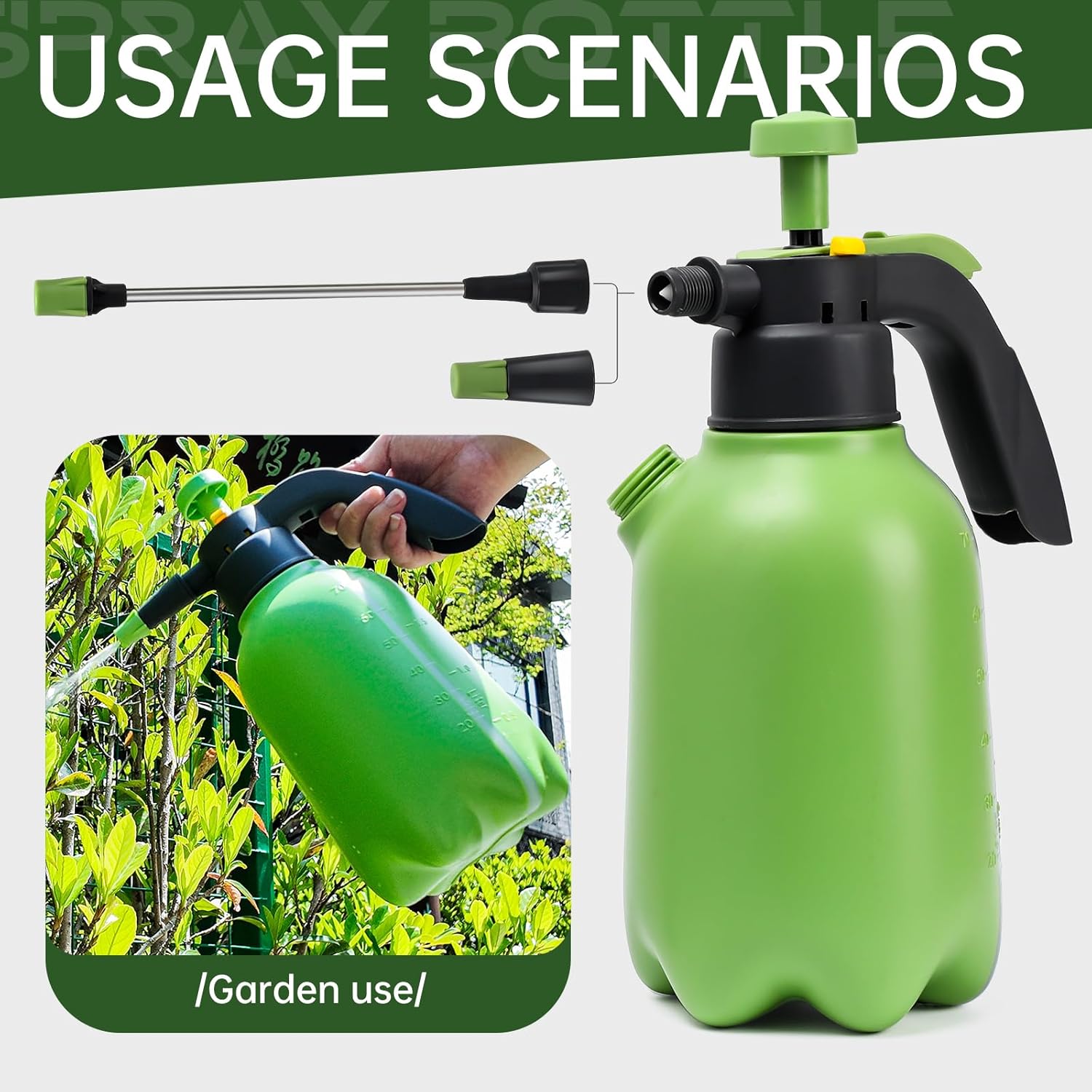 2L hand pump sprayer for plants, lawns and gardens. Pressure sprayer with 2 nozzles and safety ...