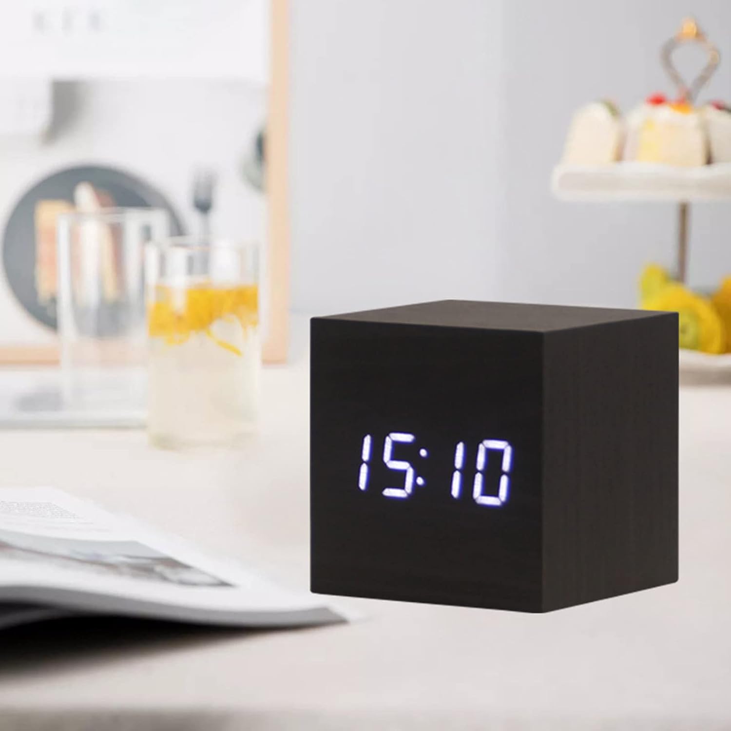 Wooden Cube Digital LED Alarm Clock,Square Cube Digital White LED Alarm ...
