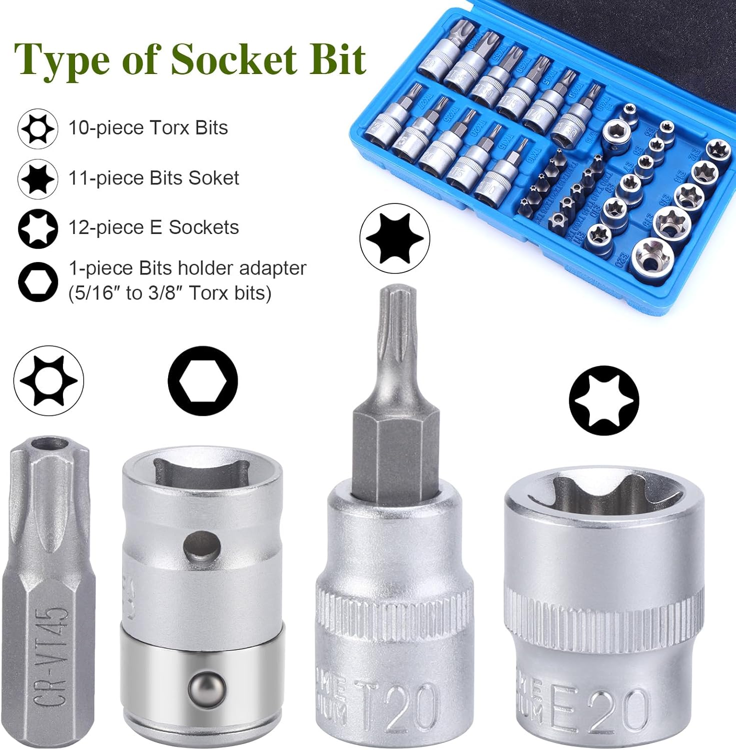 34 Pièces Coffret douilles torx femelle 3/8" profil E4-E20, Embout torx étoilé profil T10-T60 en ...