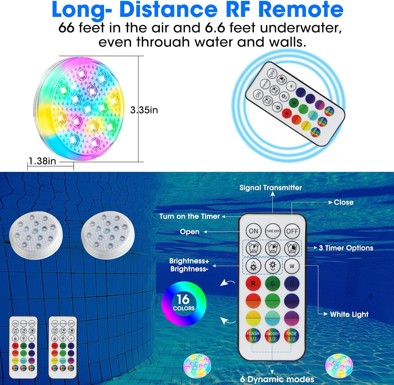 Pack Rechargeable Submersible LED Pool Lights 16 Colors with Remote ...