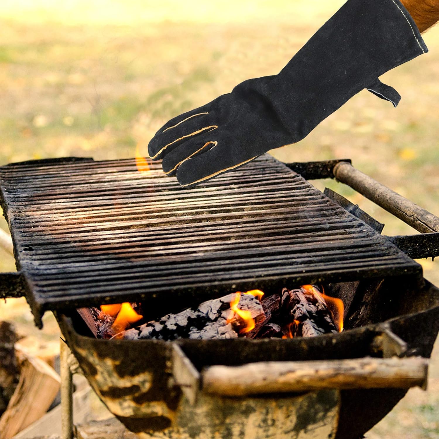Fireproof gloves for high temperatures, leather with Kevlar stitching ...
