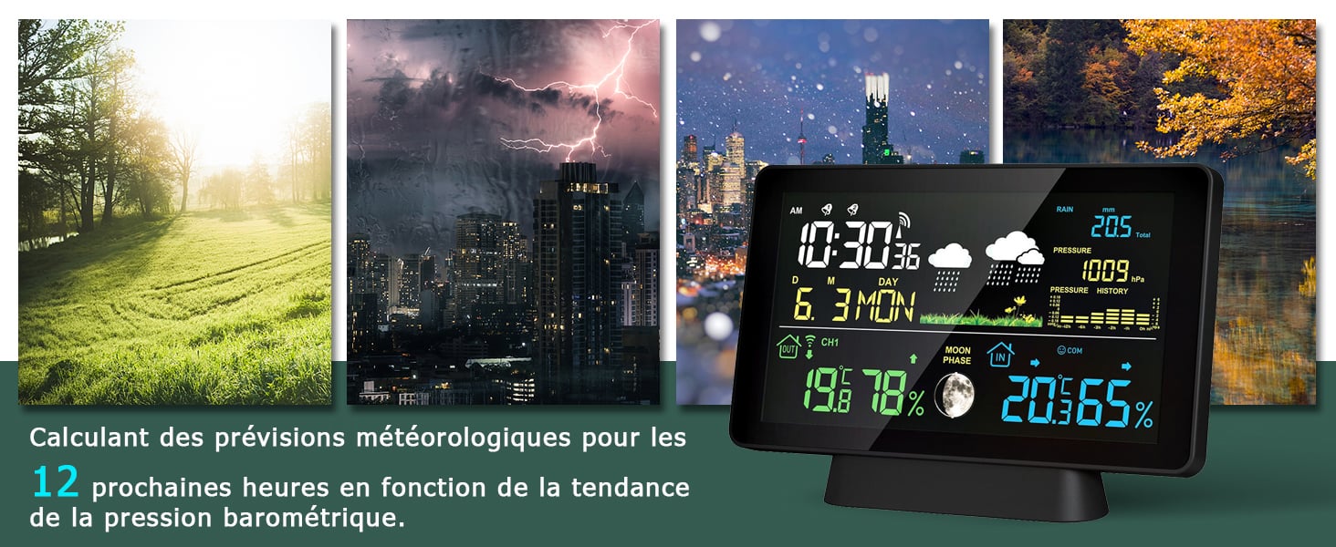 Station Météo Sans Fil 8 en 1 Thermomètre Hygromètre Interieur Exterieur Avec Prévisions Météo 7 ...