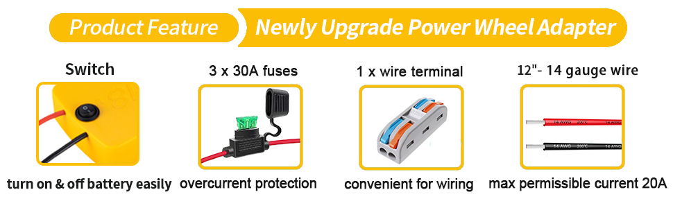 Power Wheel Adapter for Dewalt 20V Battery with Fuse, Switch and Wire ...