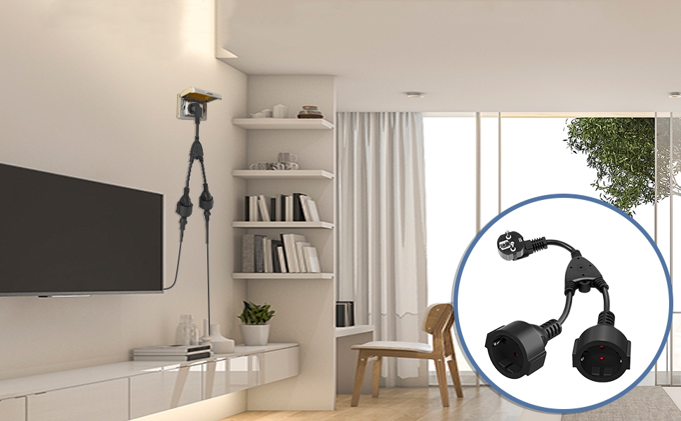 Double Plug for Socket, Extension Cable with 2 Schuko Sockets 16A/ 250V ...