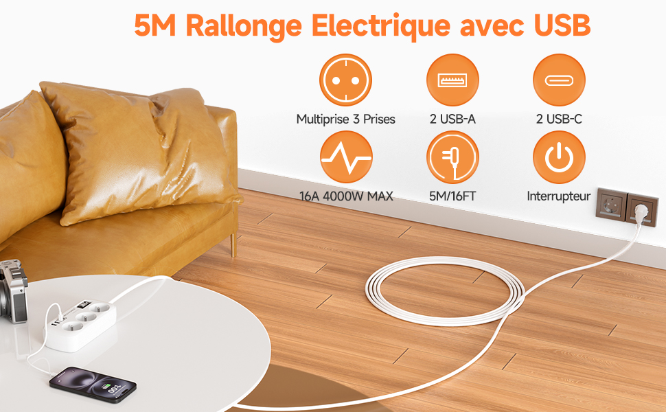 Rallonge Electrique 5M avec 4 USB(2 USB-C), Multiprise 3 Prises avec ...
