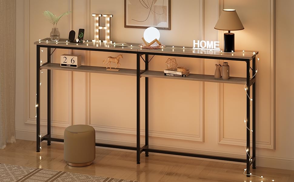 Table console étroite, 180 x 23 x 100 cm, à 2 étages, avec espace de rangement, extra longue ...