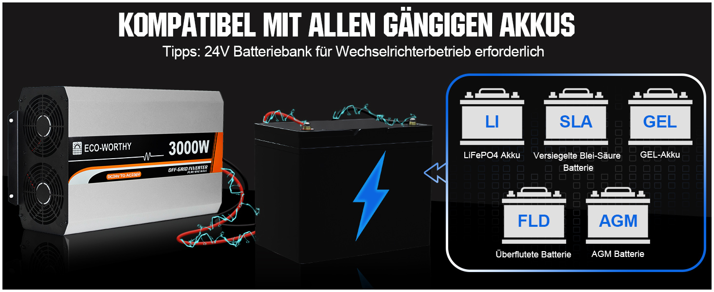 ECO-WORTHY 3000W 24V netzunabhängiger Solar Wechselrichter DC 24V AC 220V Sinuswelle für Auto ...