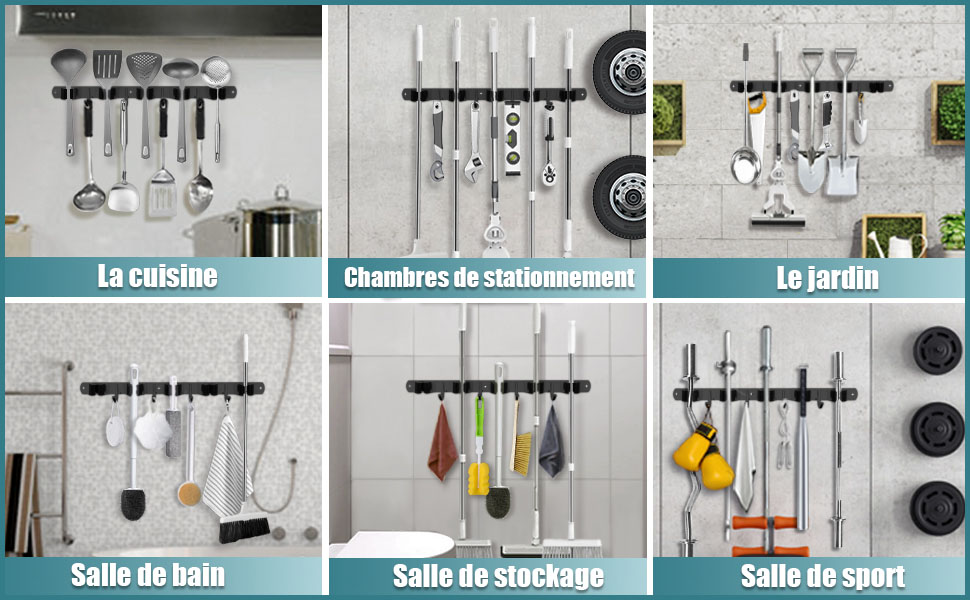 LaBlanc - Accroche Balai Mural, 5 Supports + 4 Crochets Noir Porte ...