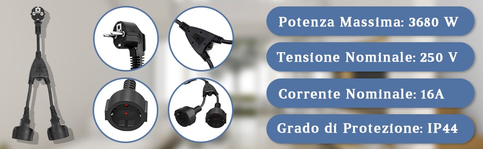 Double Plug for Socket, Extension Cable with 2 Schuko Sockets 16A/ 250V ...