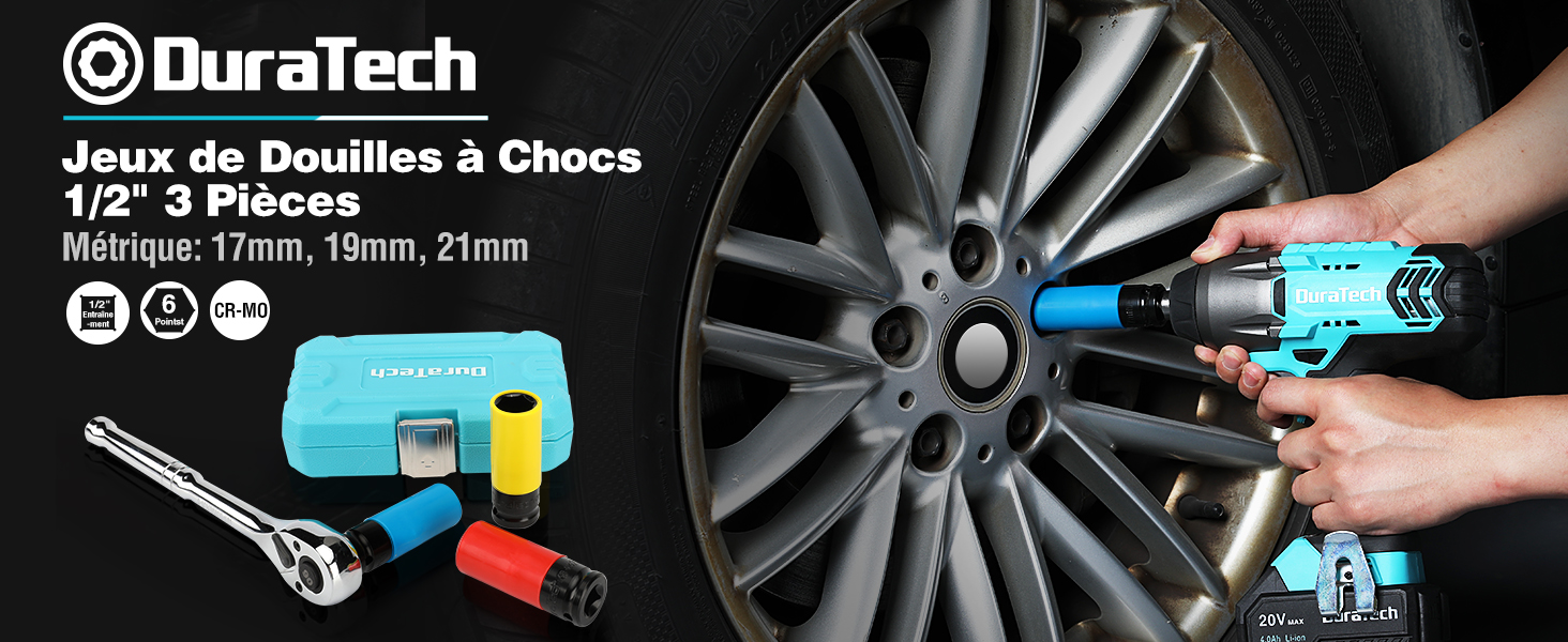 DURATECH Jeu de 3 Douilles à Choc 1/2" pour Protection de Jante de Voiture, Douilles à Impact en ...