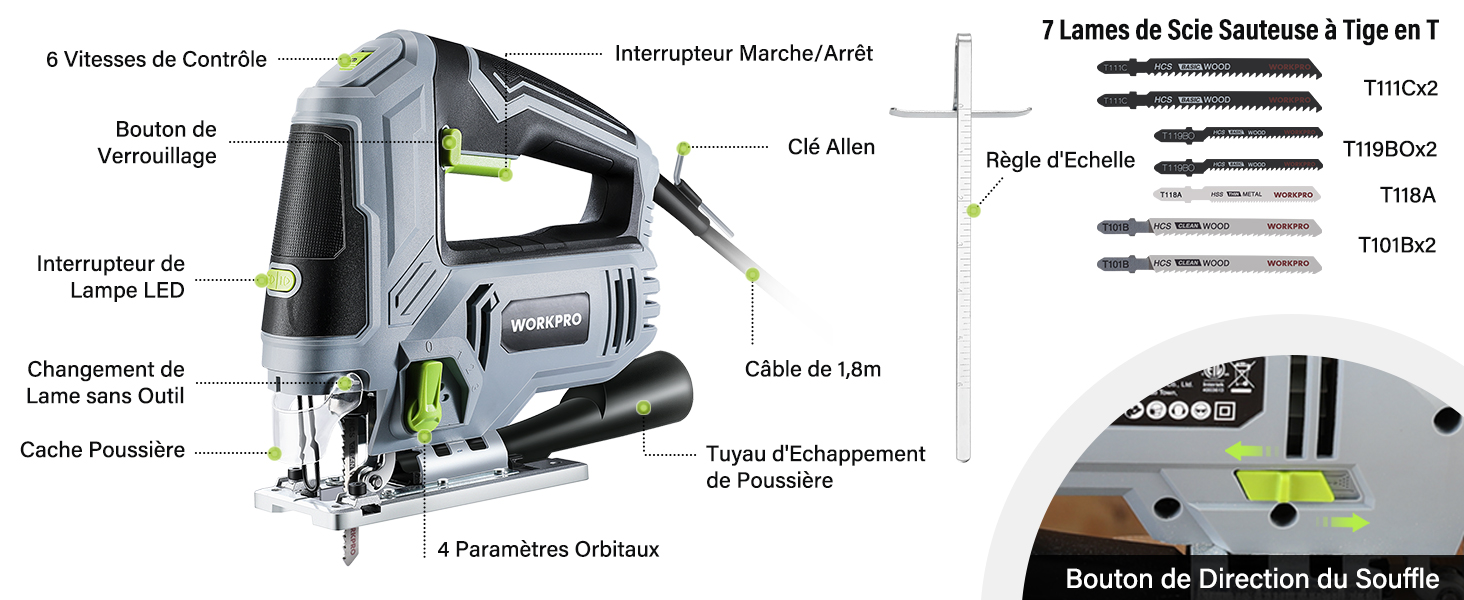 WORKPRO Scie Sauteuse Electrique Filaire 850W avec 6 Vitesses Variables ...