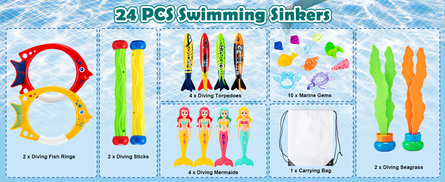 Diving Toys, 24pcs Children's Swimming Pool Games with Diving Sticks ...