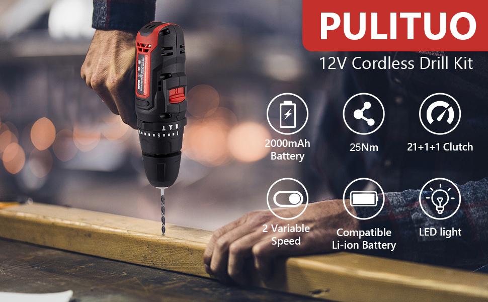 Taladro de impacto inalámbrico PULITUO de 12 V, kit de taladro de ...