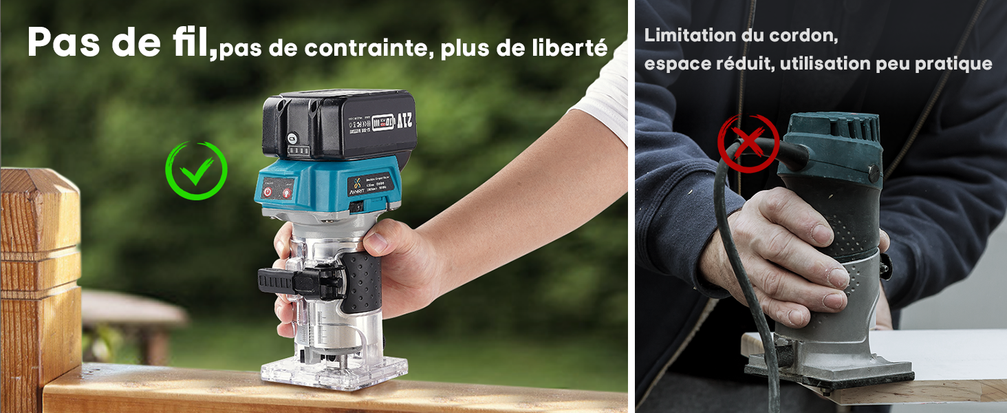 Affleureuse Défonceuse, 21V Affleureuse sans fil avec 2PCS 4.0Ah Batteries, Brushless ...