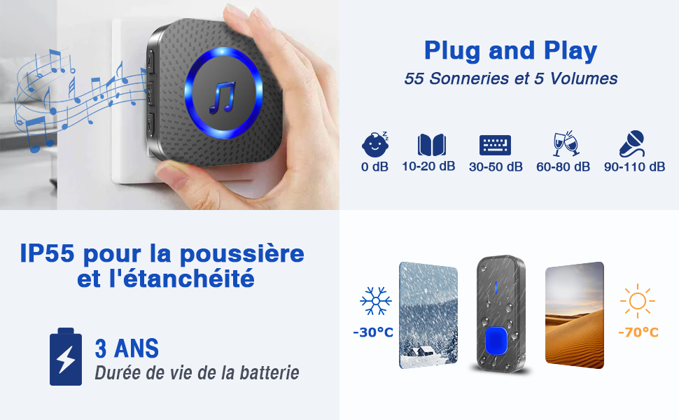 Wireless Doorbell, 400M Door Bell IP55 Waterproof Electronic Chime ...