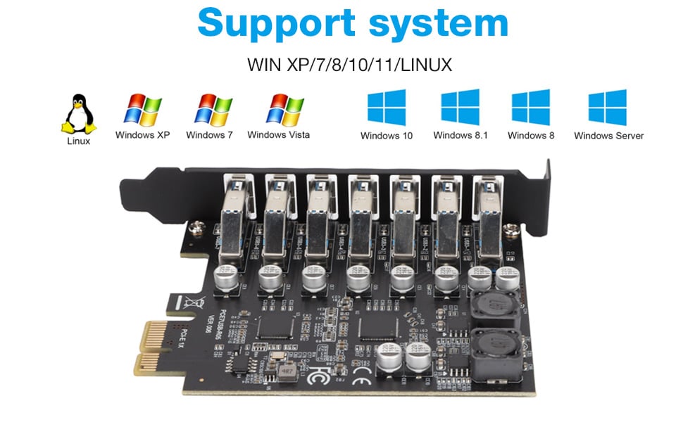 PCIE auf USB 3.2 7-Port-Erweiterungskarte, Superspeed 5 Gbit/s USB 3.2 Frontpanel ...