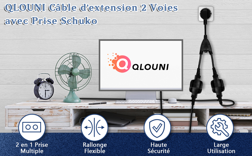 Double Plug for Socket, Extension Cable with 2 Schuko Sockets 16A/ 250V ...