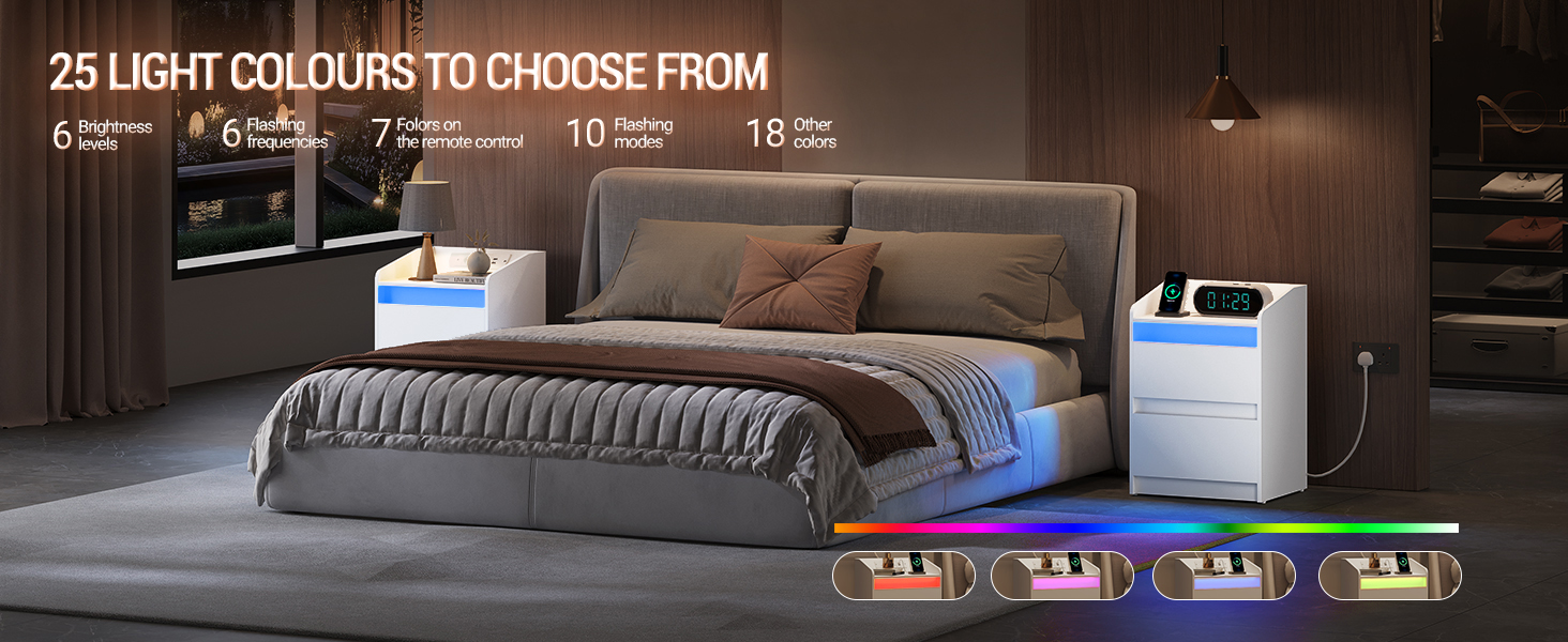 Comodini set di 2 con Luci a LED, Stazione di Ricarica, Bianco