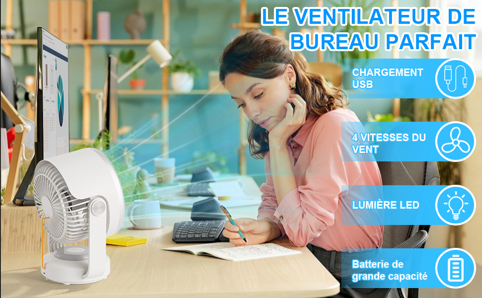 Ultra Quiet Fan, Portable Table Fan, 5400mah Air Circulator Fan for ...