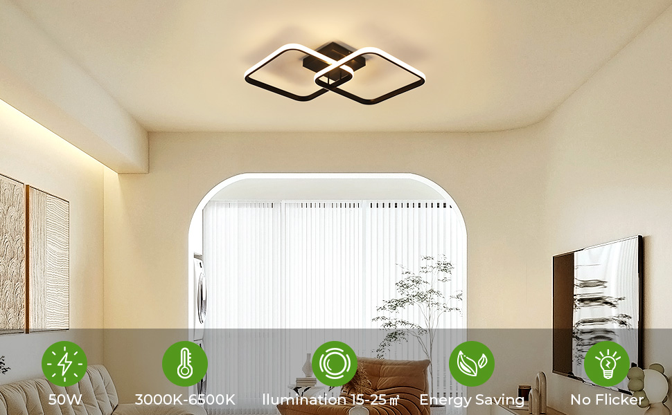 COMELYDimmable Living Room LED ceiling light, 50w Black Ceiling Lamp In ...