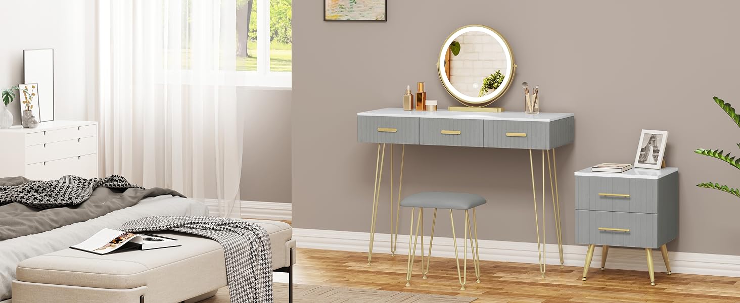 WOLTU Coiffeuse en Bois et Métal avec Miroir LED, Table de Maquillage ...