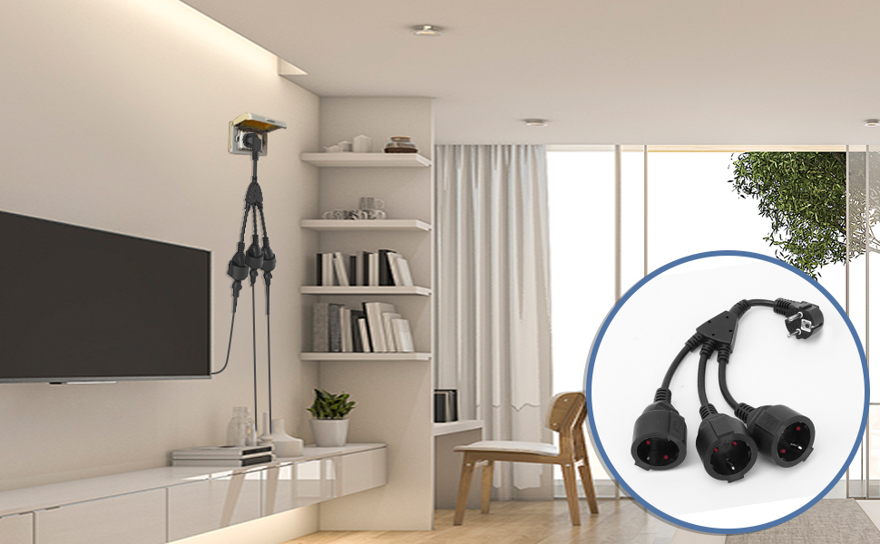 Triple Plug for Socket, Extension Cable with 3 Schuko Sockets 16A/ 250V ...